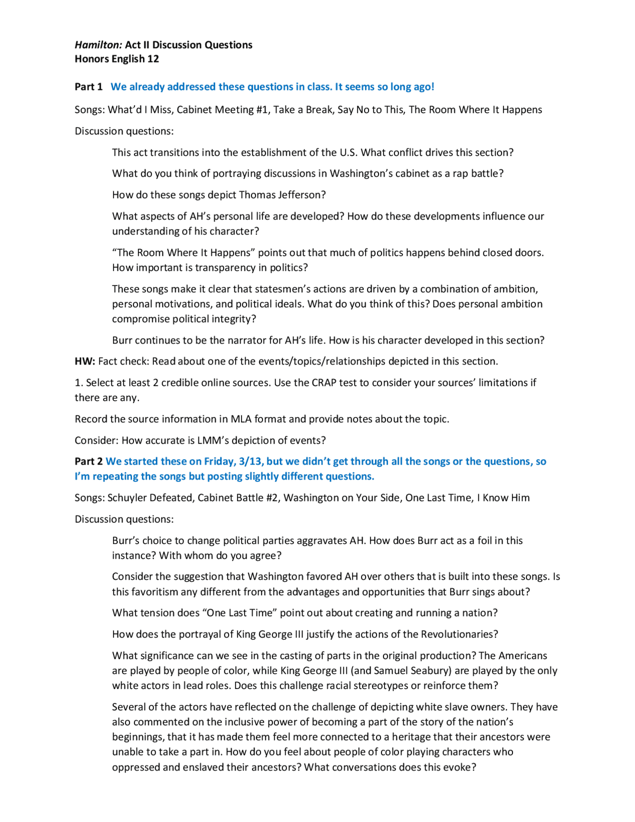 Hamilton: Act II Discussion Questions Honors English 12 Part ...