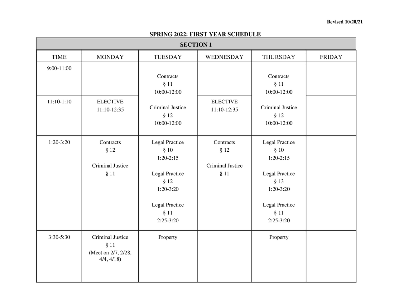 SPRING 2022: FIRST YEAR SCHEDULE | Exams Law | Docsity