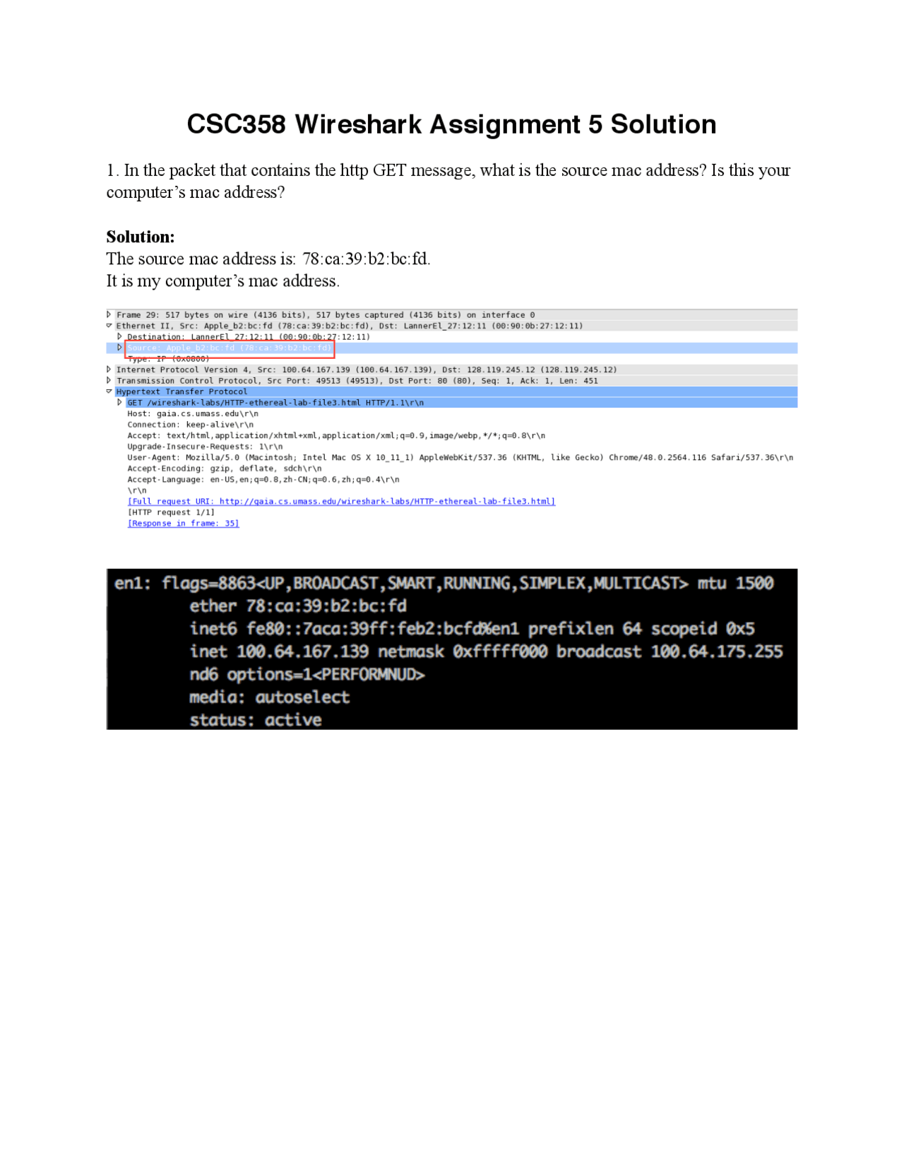 CSC358 Wireshark Assignment 5 Solution | Exercises Computer Programming | Docsity