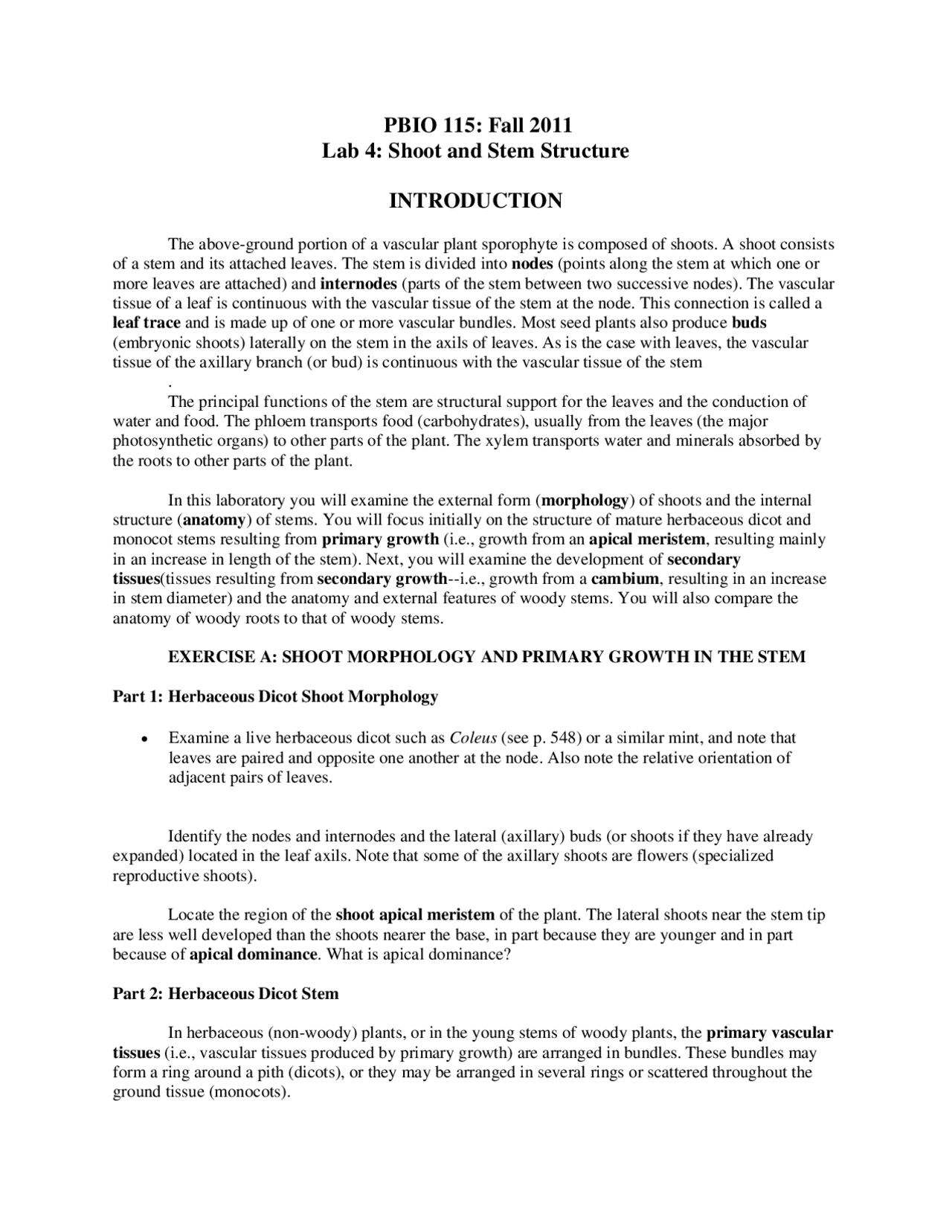 PBIO 115: Fall 2011 Lab 4: Shoot and Stem Structure ... | Study notes ...