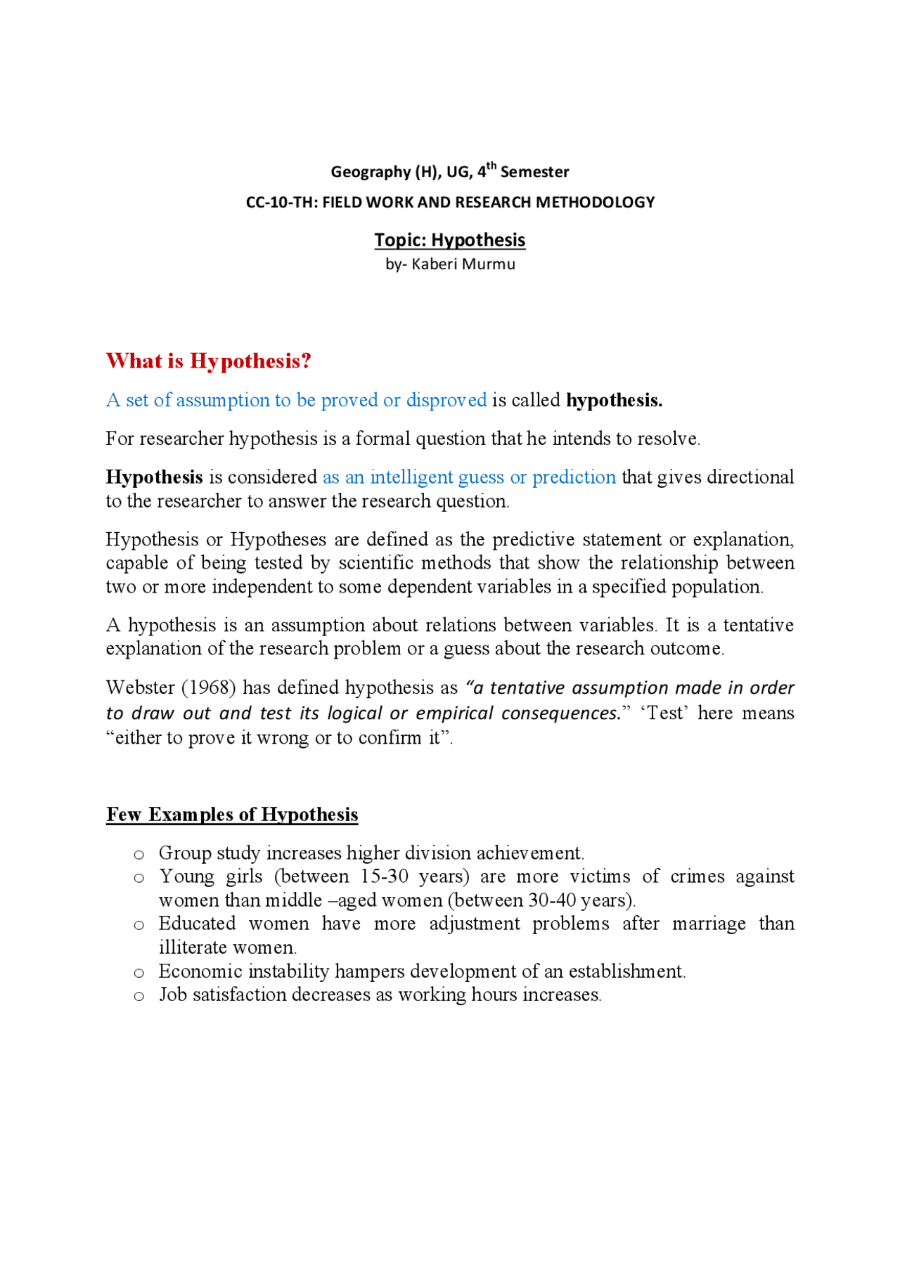 4th Semcc10t Hypothesispdf Lecture Notes Geography Docsity