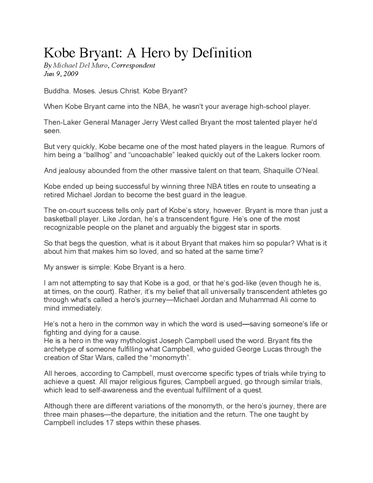 Kobe Bryant A Hero by Definition | Summaries History | Docsity