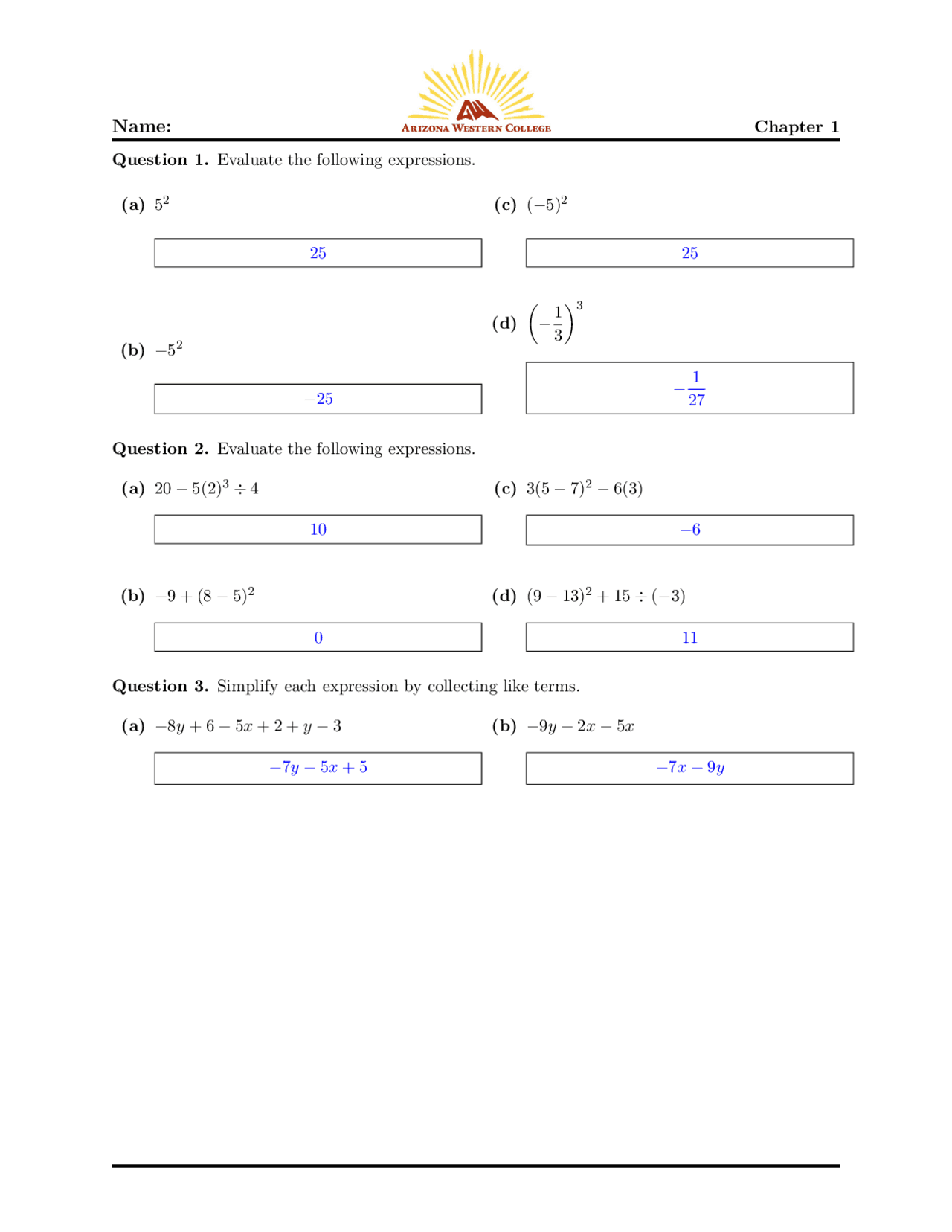Chapter 1 Question 1. Evaluate the following expressions. (a ... | Summaries Algebra | Docsity