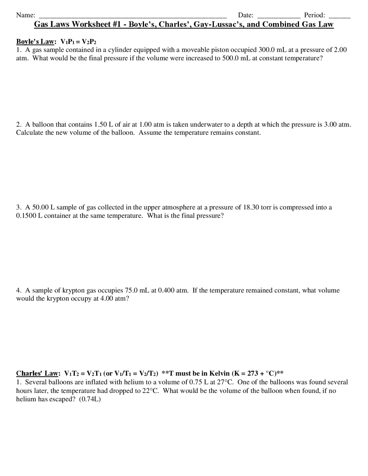 Gas Laws Worksheet #1 | Exams Law | Docsity