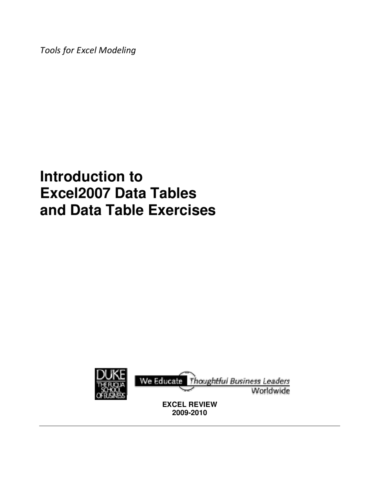 Introduction To Excel2007 Data Tables And Data Table Exercises