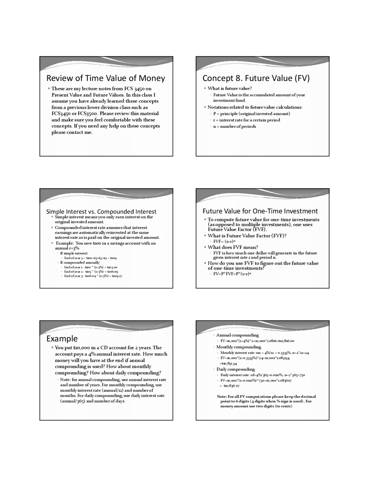 Review of Time Value of Money Concept 8. Future Value (FV ...