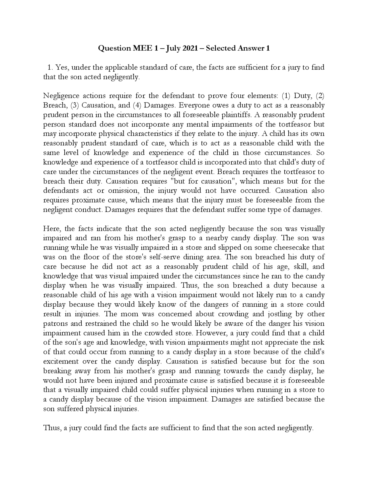 Question MEE 1 – July 2021 – Selected Answer 1 | Lecture notes Business ...