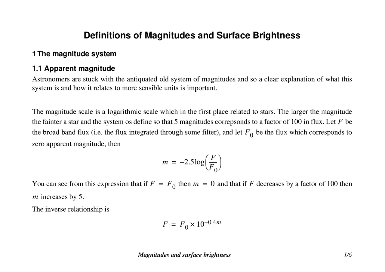 Definitions of Magnitudes and Surface Brightness | Slides Physics | Docsity