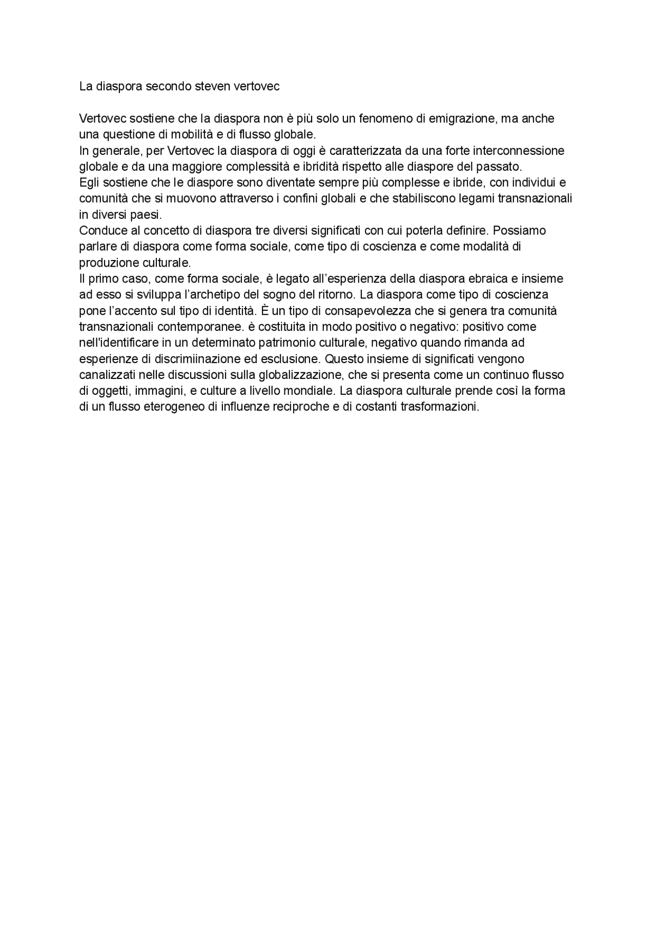 la diaspora secondo vertovec | Esercizi di Antropologia Culturale | Docsity