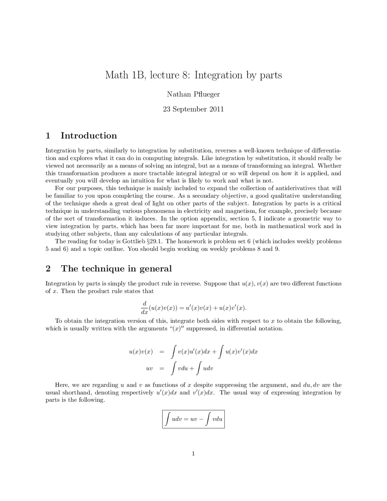 Math 1b Lecture 8 Integration By Parts Slides Calculus Docsity