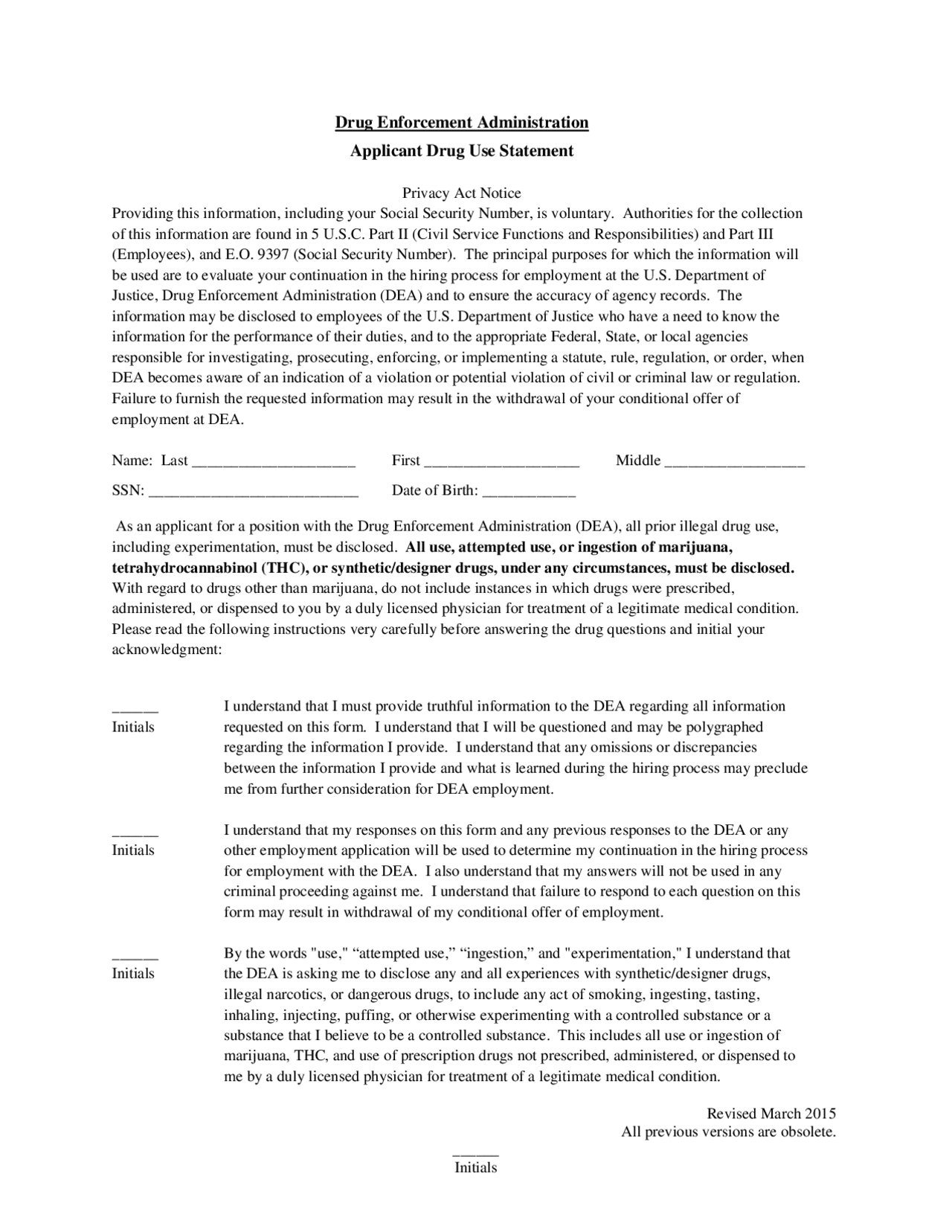 Drug Enforcement Administration Applicant Drug Use Statement | Exams ...