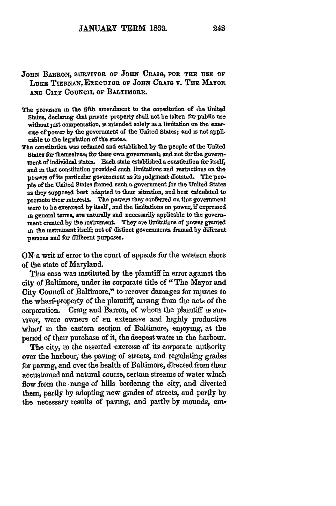 Baron v. the Mayor and City Council of Baltimore, 32 ... | Study notes ...
