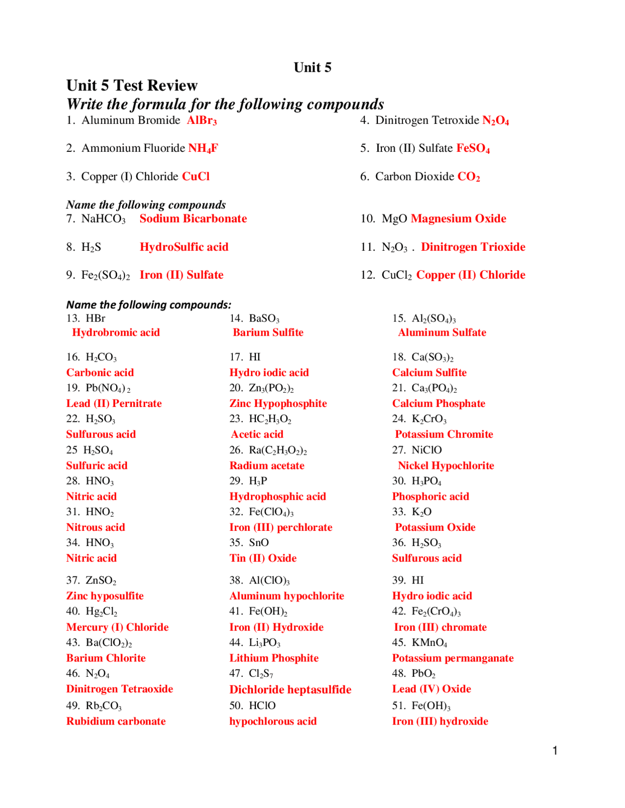 Unit 5 Test Review Write the formula for the following ... | Exercises ...
