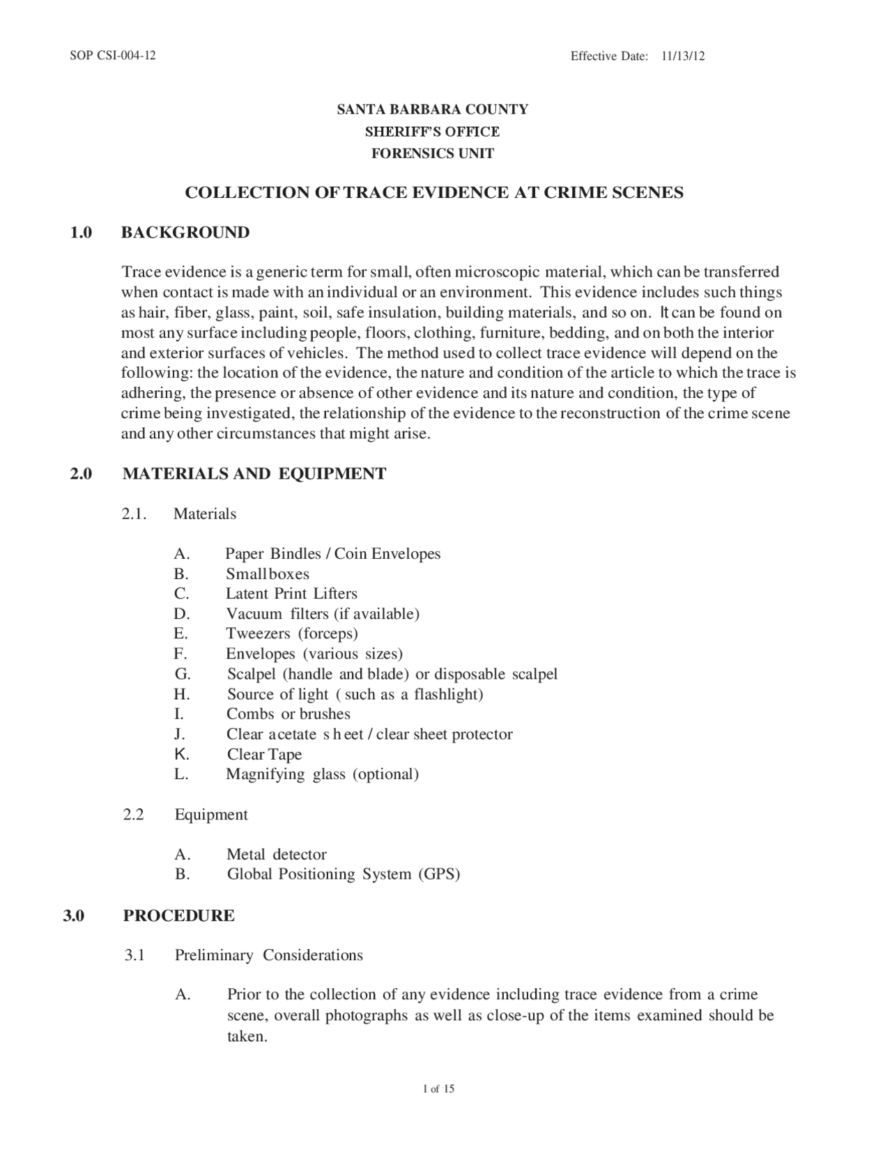 SOP CSI-004-12 Trace Evidence Collection | Exams Forensics | Docsity