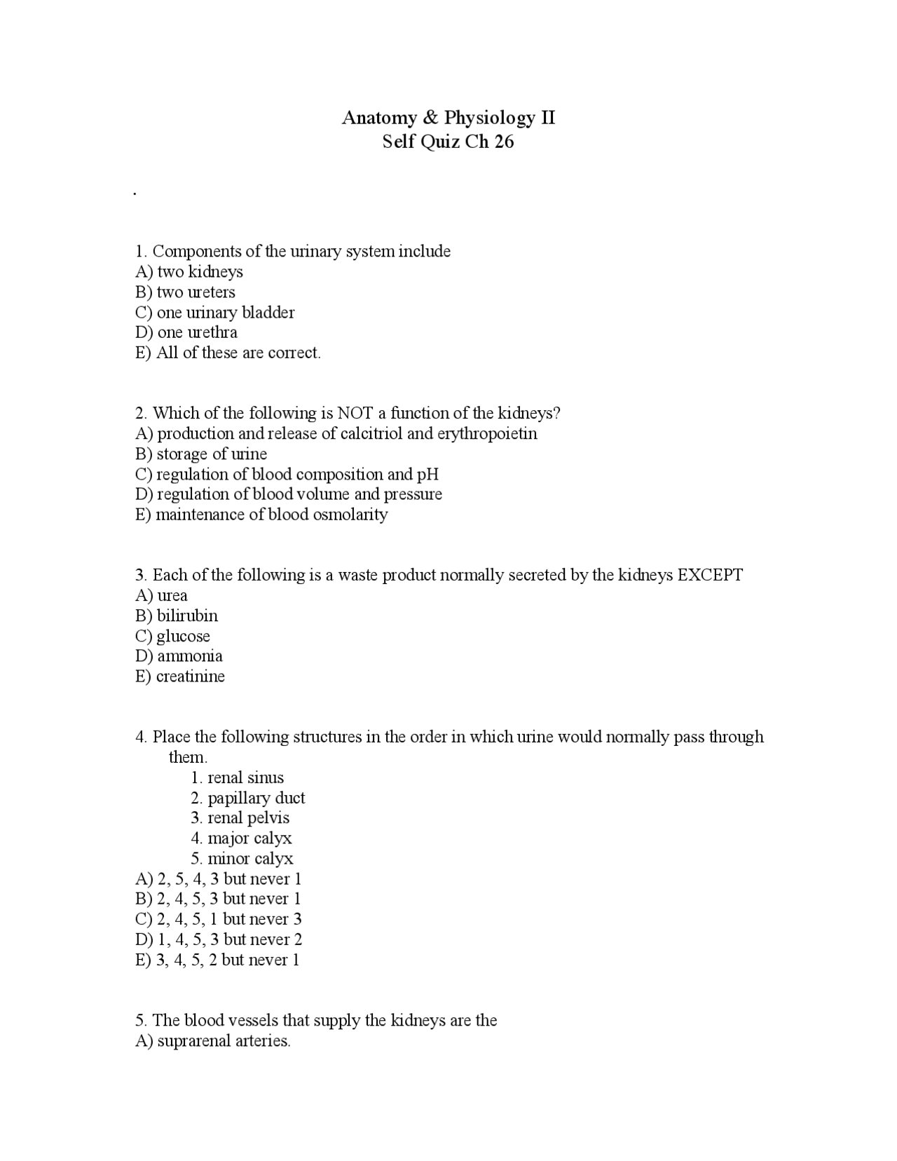 Anatomy And Physiology Ii Self Quiz Ch 26 Slides Anatomy Docsity