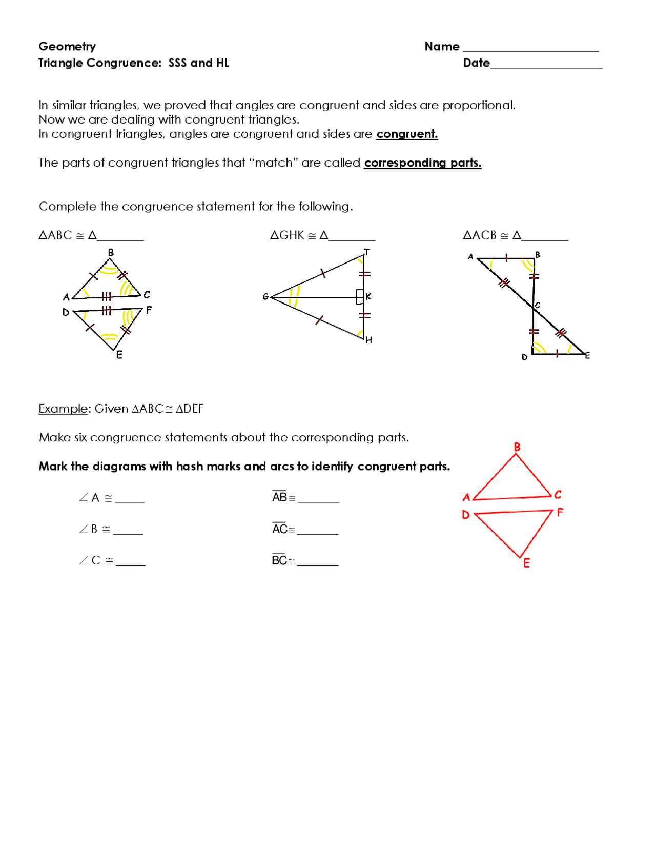 Triangle Congruence: SSS and HL ... | Slides Geometry | Docsity