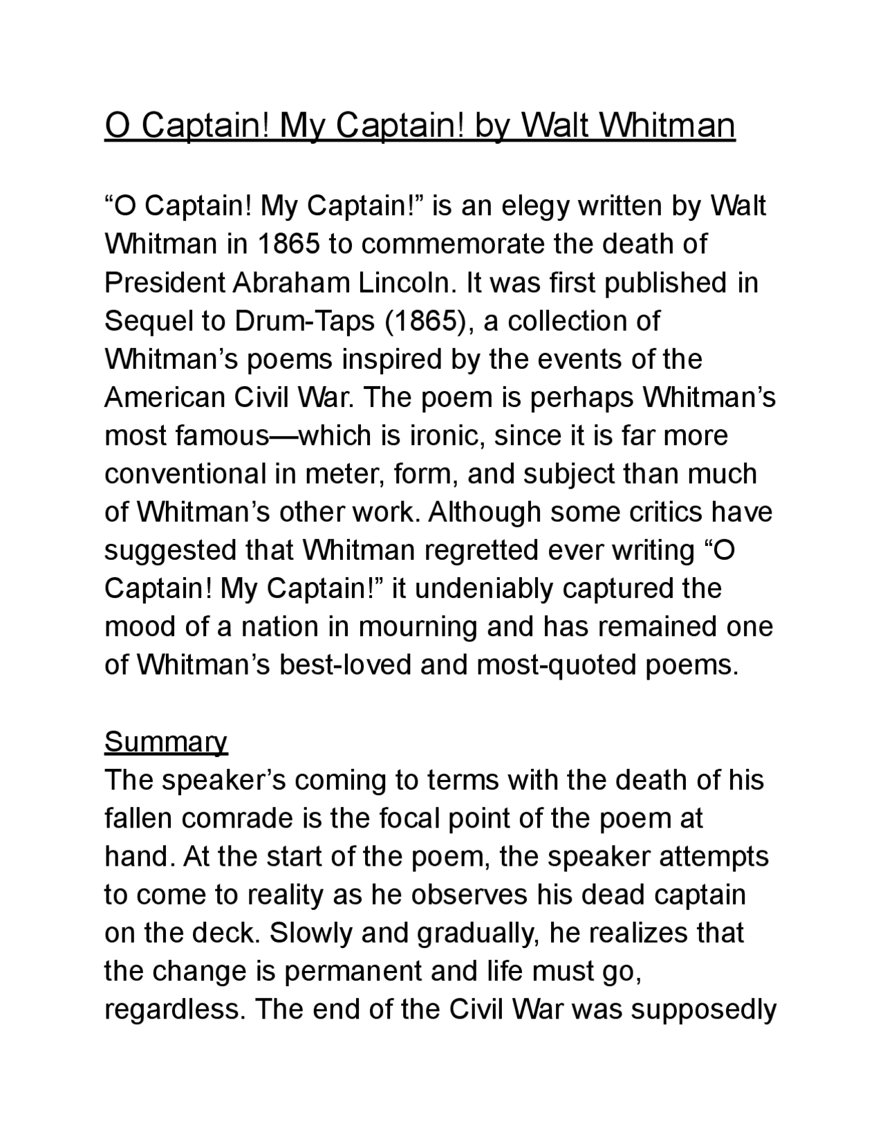 O Captain! My Captain! by Walt Whitman: An Analysis of a Classic ...