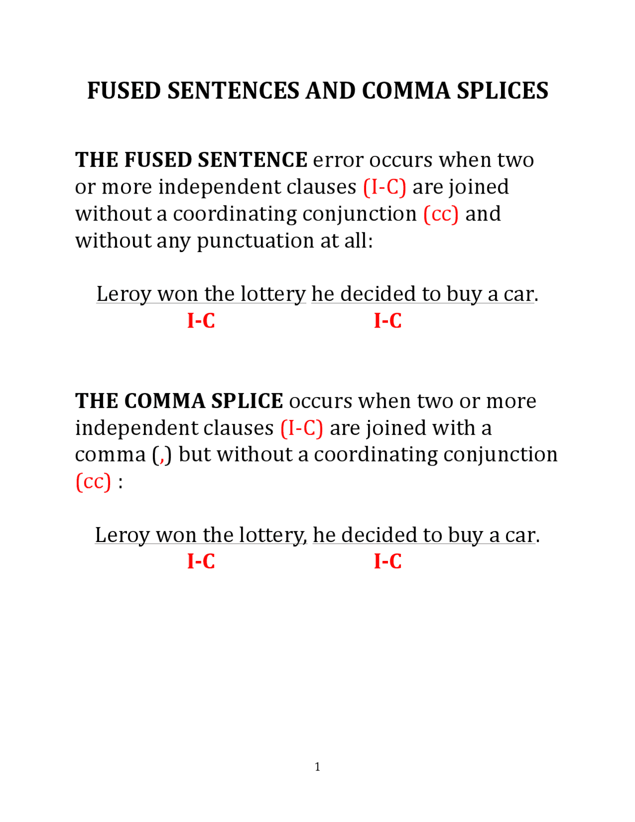 FUSED SENTENCES AND COMMA SPLICES | Exams Technical English | Docsity