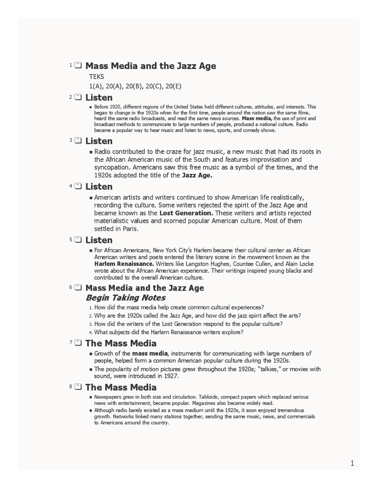 Mass Media and the Jazz Age | Study notes Mass Communication | Docsity
