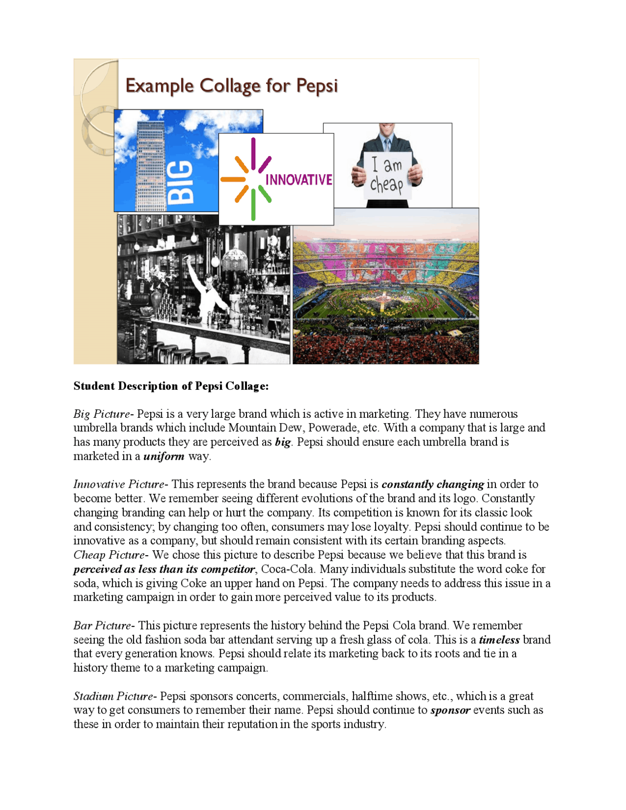 Example Collage for Pepsi | Schemes and Mind Maps History | Docsity