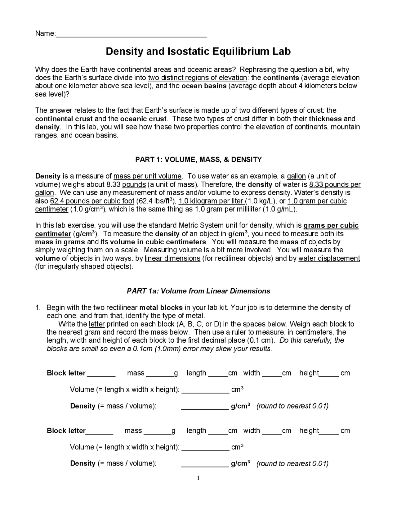 Density And Isostatic Equilibrium Lab Lecture Notes Reasoning Docsity