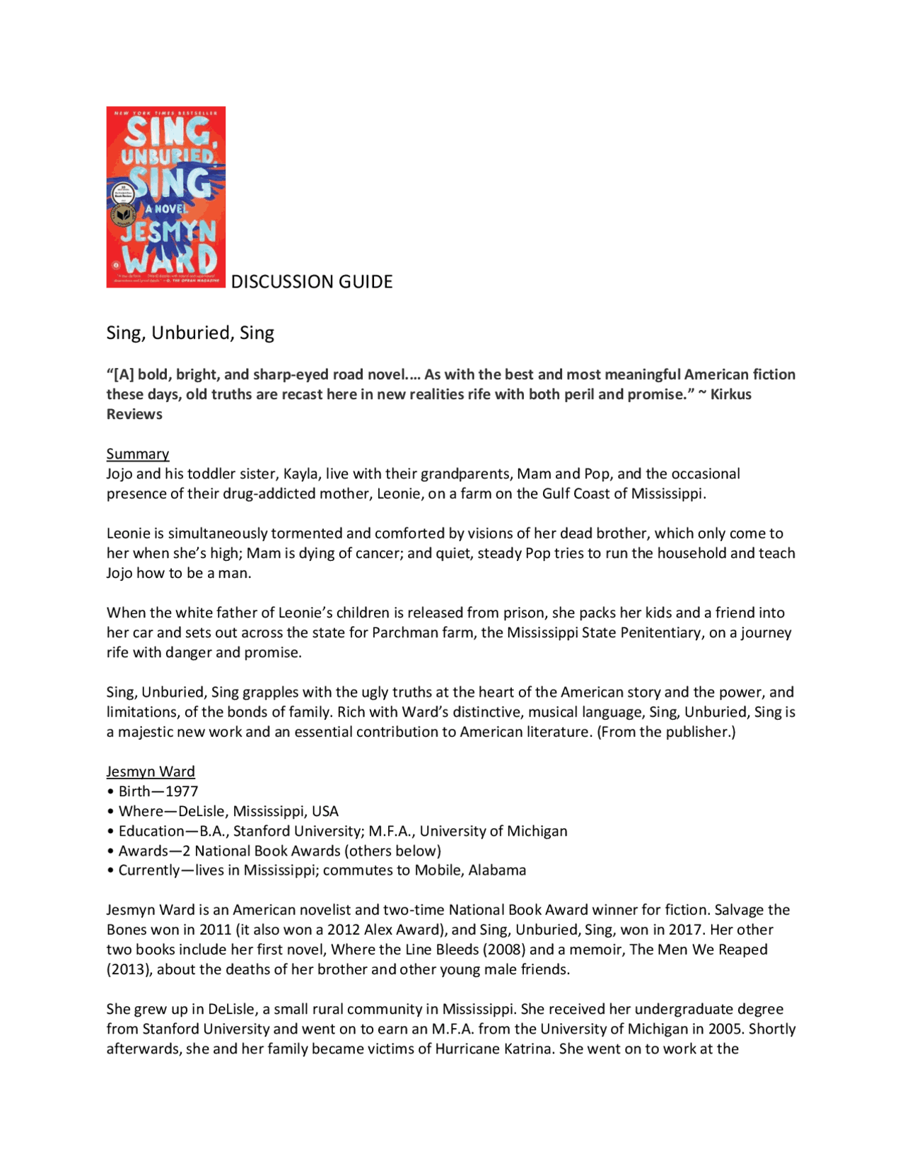 DISCUSSION GUIDE Sing, Unburied, Sing | Exercises American literature ...