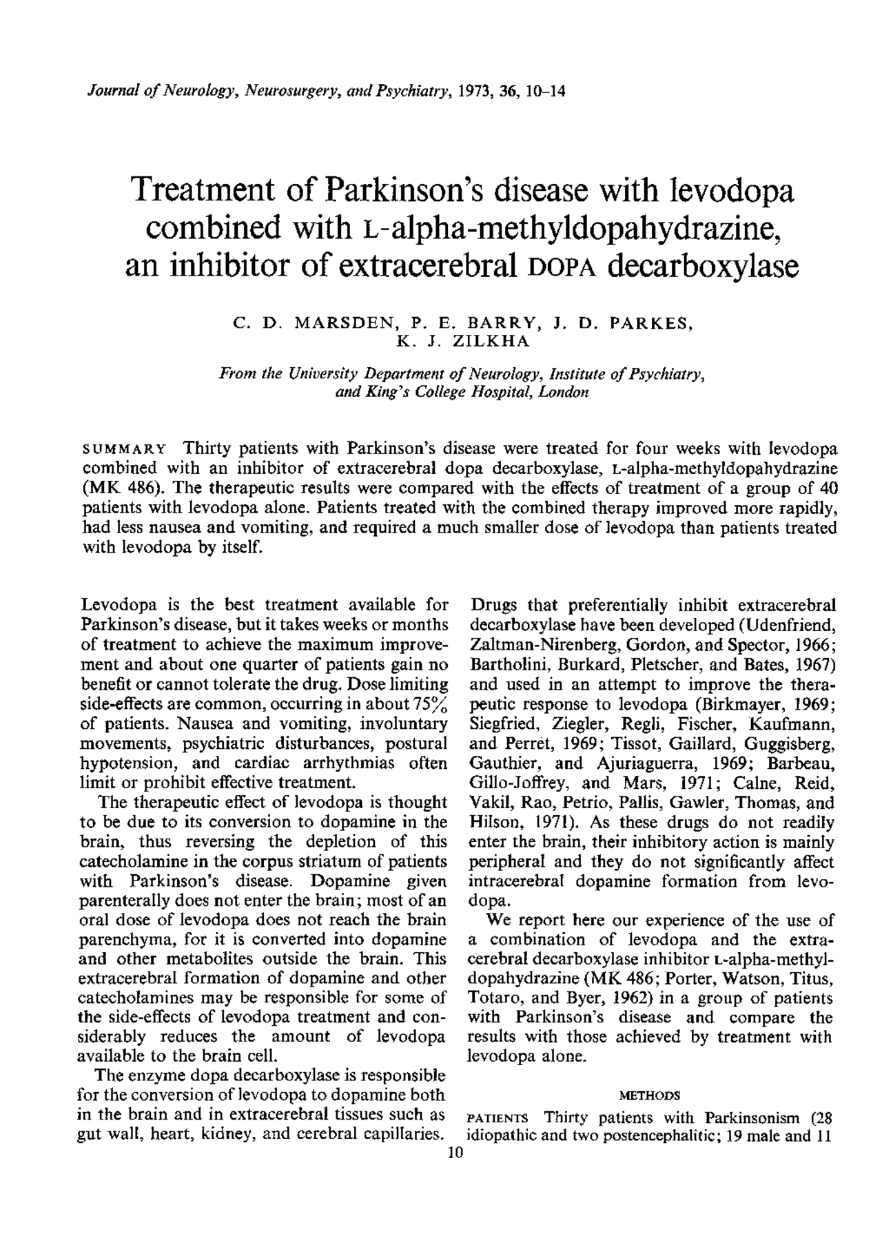 Treatment of Parkinson's disease with levodopa combined ... | Summaries ...