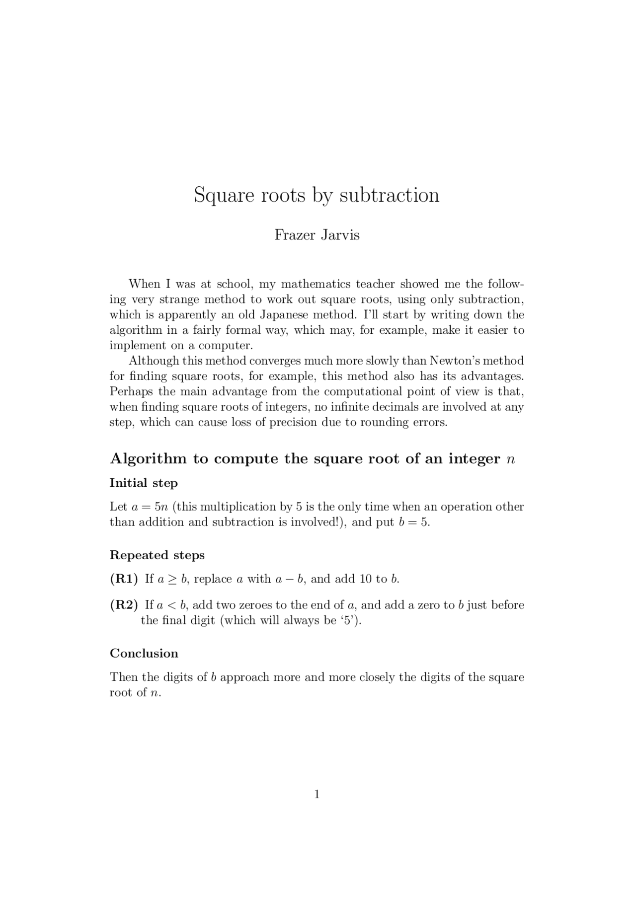 Square Roots By Subtraction Exercises Mathematics Docsity