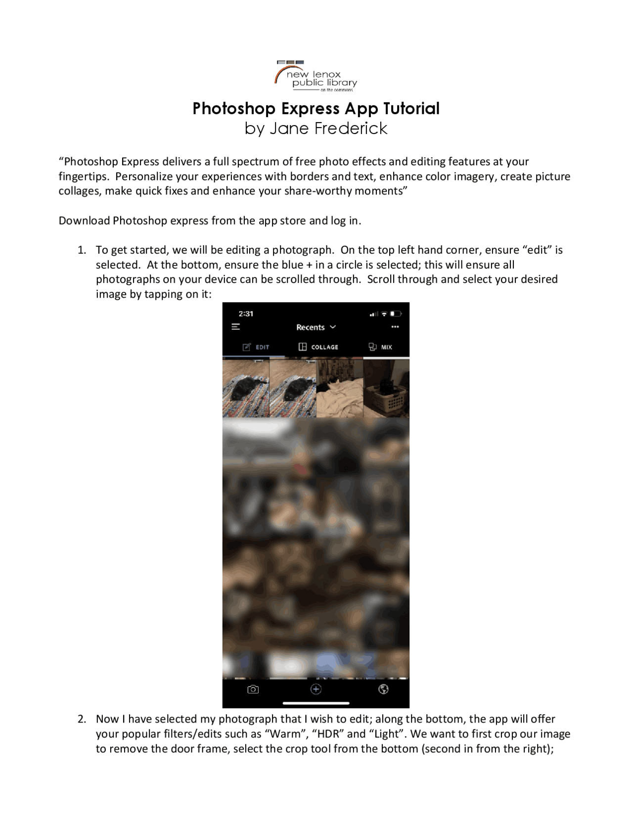 Photoshop Express App Tutorial by Jane Frederick | Dispense Photoshop | Docsity