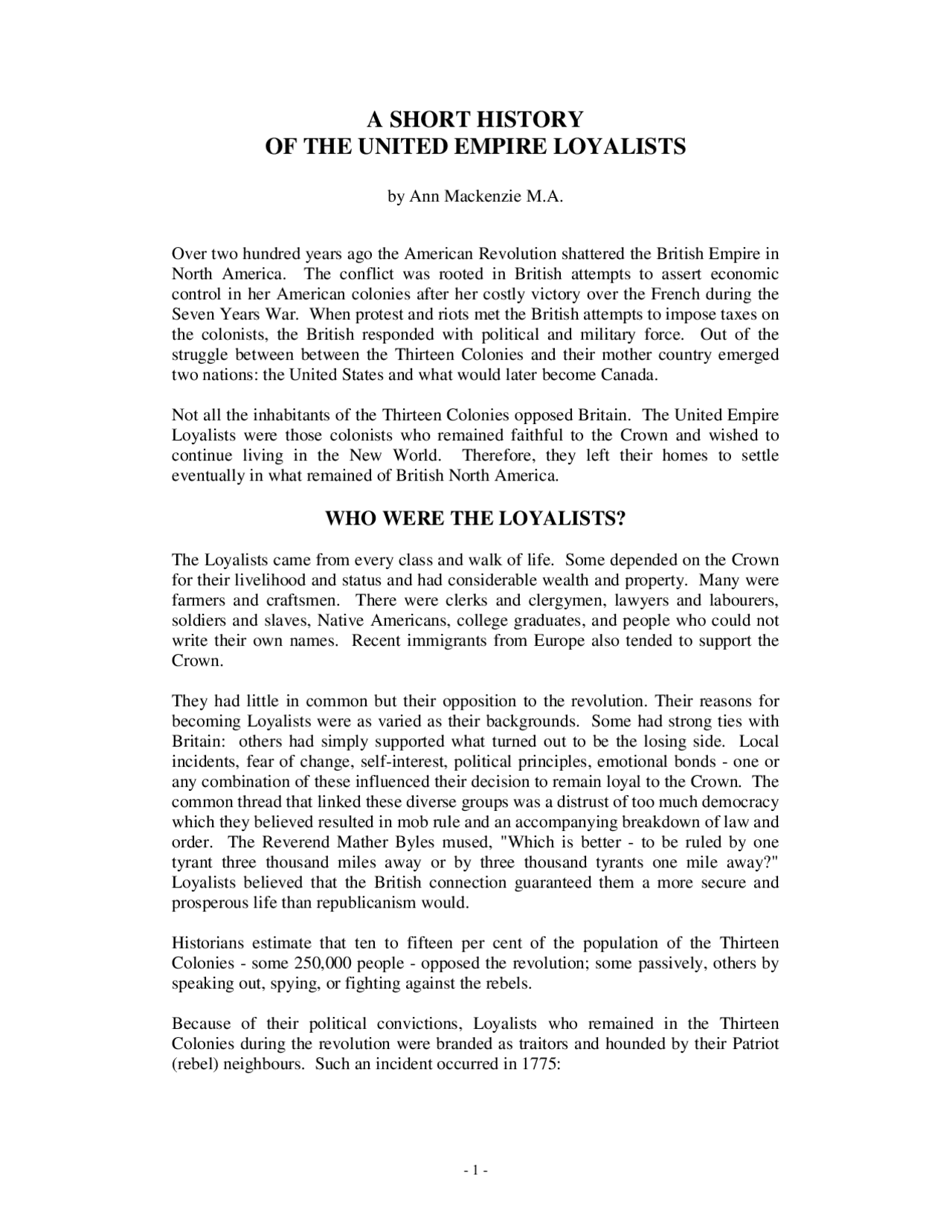 A SHORT HISTORY OF THE UNITED EMPIRE LOYALISTS | Slides History | Docsity