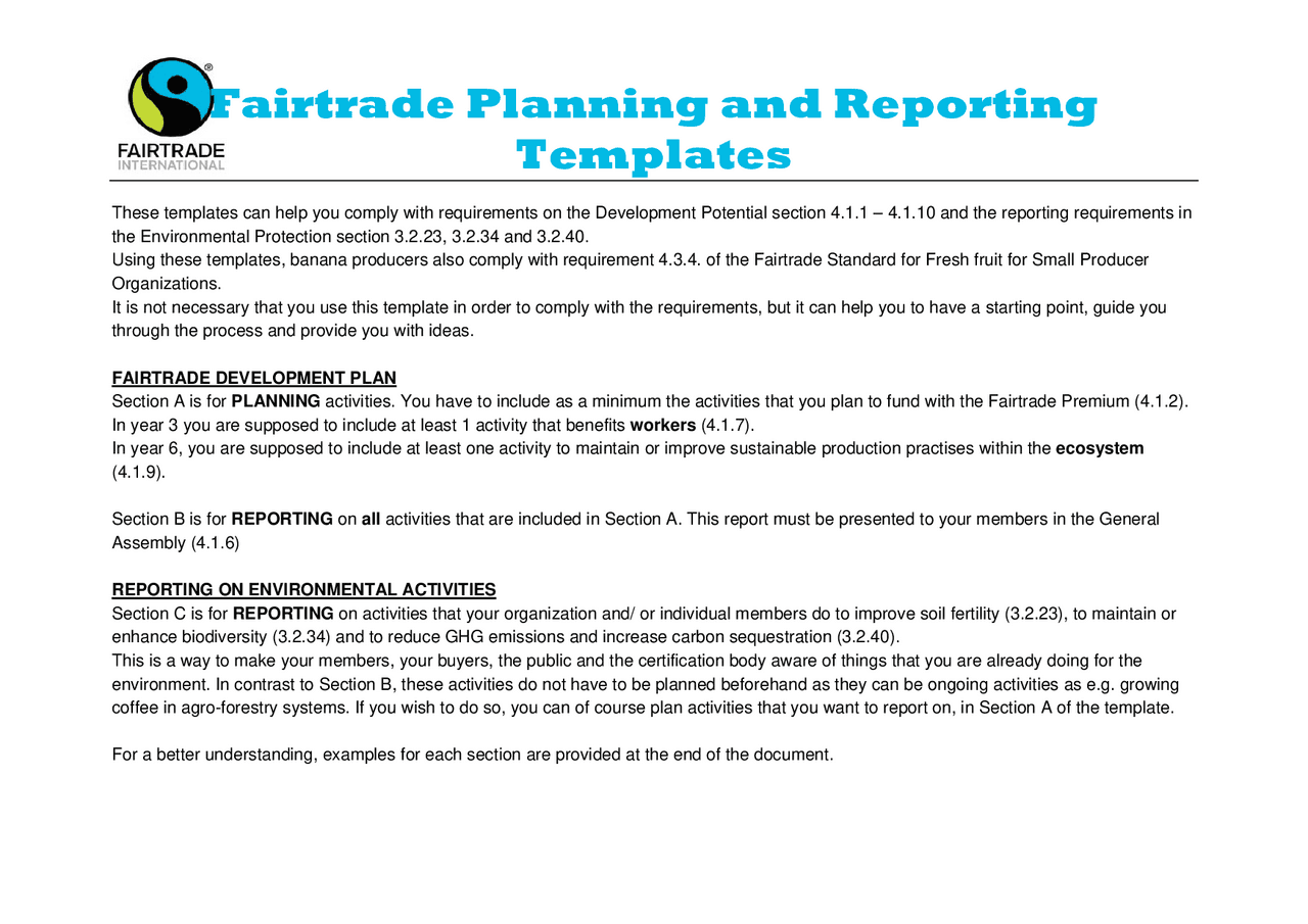 Fairtrade Planning and Reporting Templates | Slides Forestry | Docsity