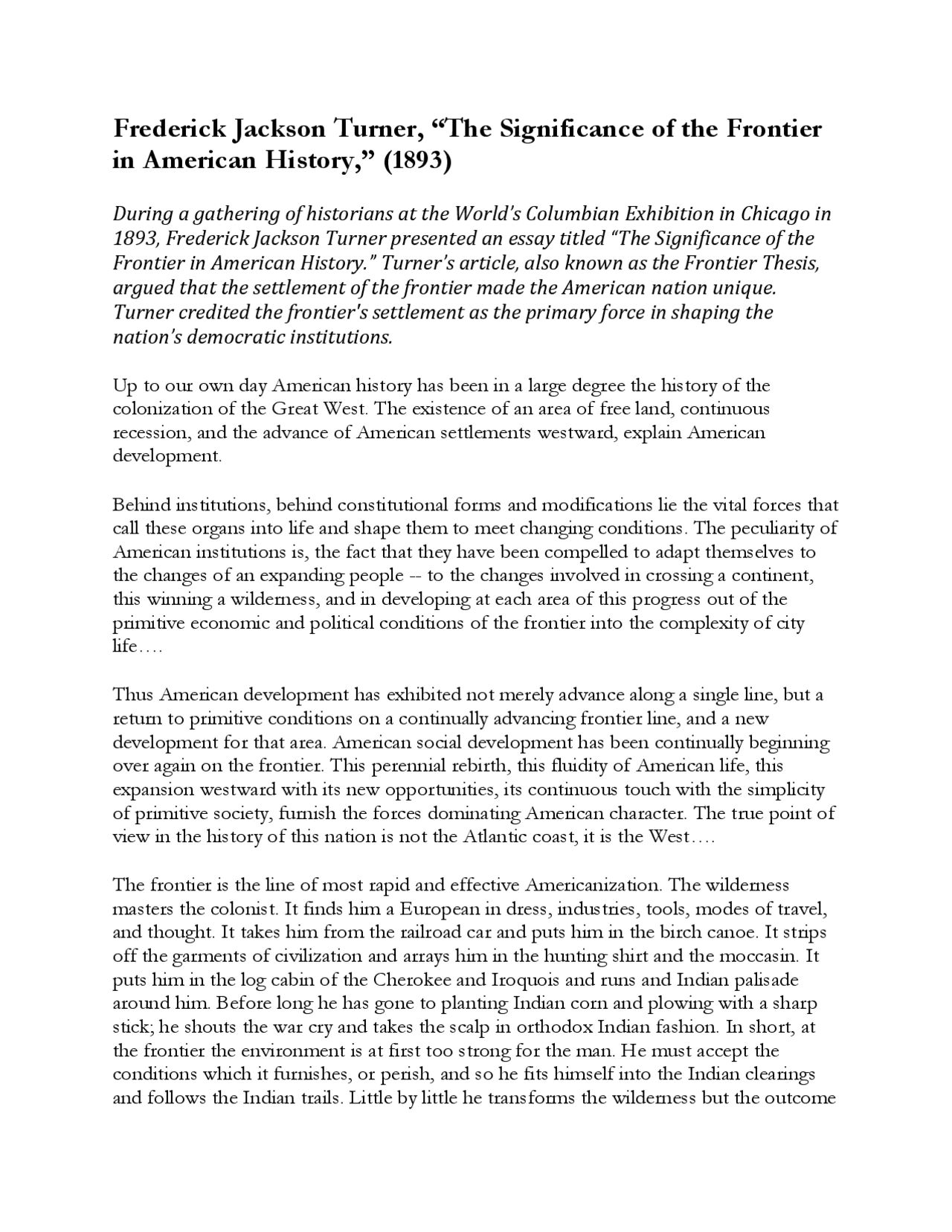 Frederick Jackson Turner, “The Significance of the Frontier in ...