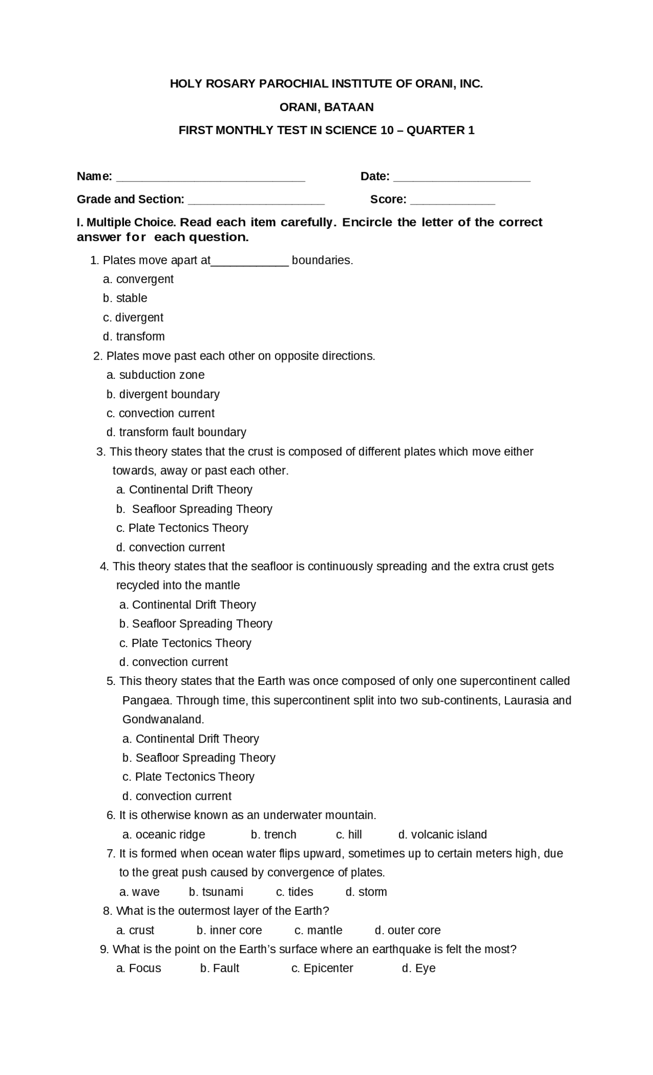 Monthly Test In Science Exams Earth Science Docsity