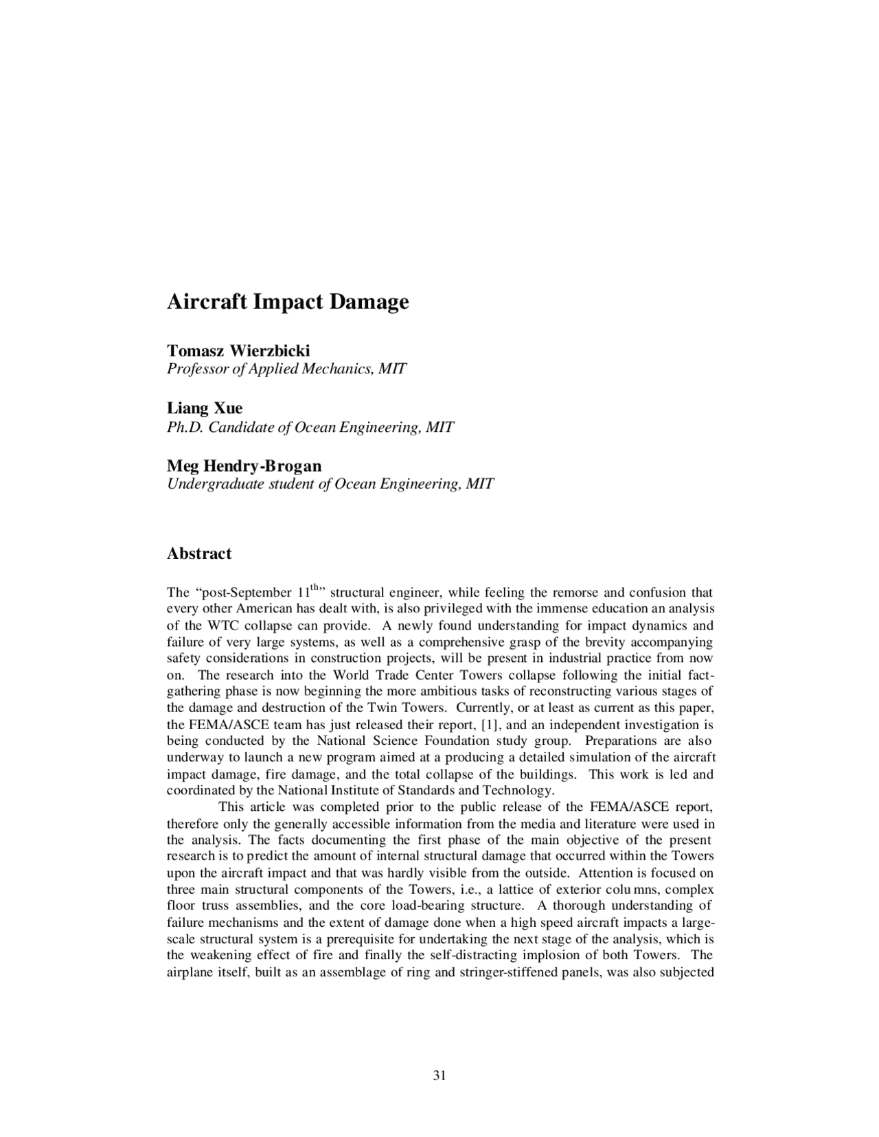 Aircraft Impact Damage | Study notes Technology | Docsity