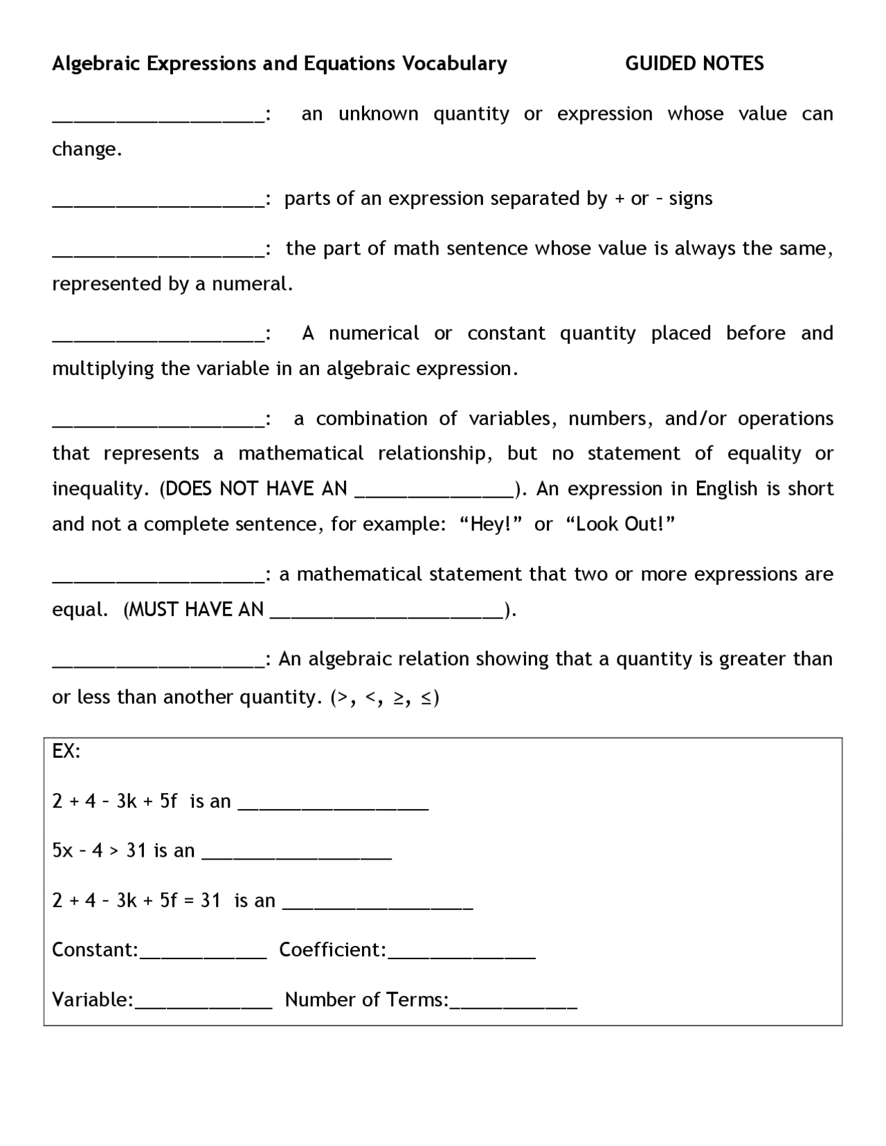 Algebraic Expressions and Equations Vocabulary | Summaries English ...