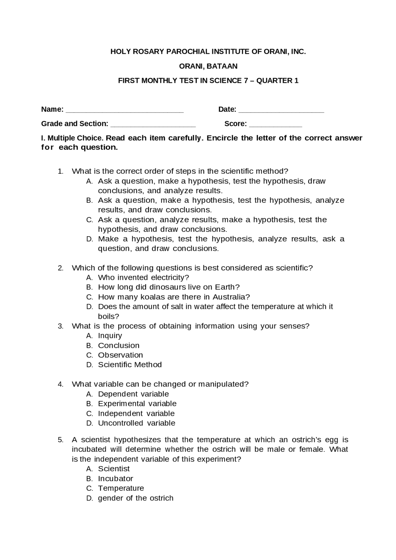 Monthly Test in Science | Exams Earth science | Docsity