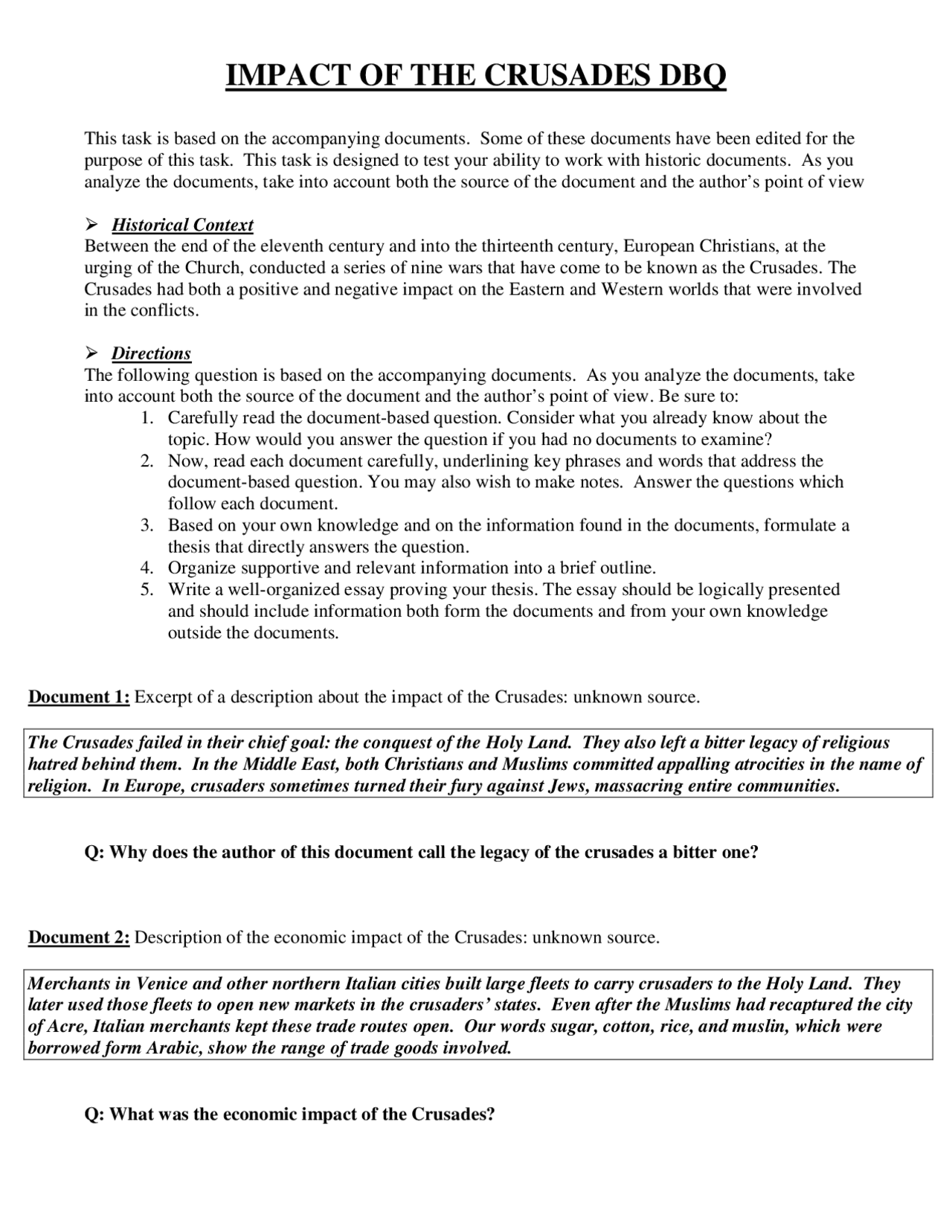 IMPACT OF THE CRUSADES DBQ | Schemes and Mind Maps Italian | Docsity