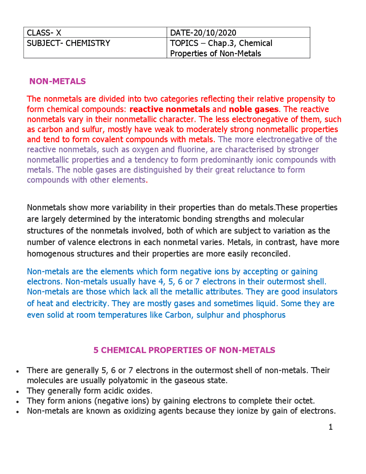 Chap.3, Chemical Properties of Non-Metals | Exams Chemistry | Docsity