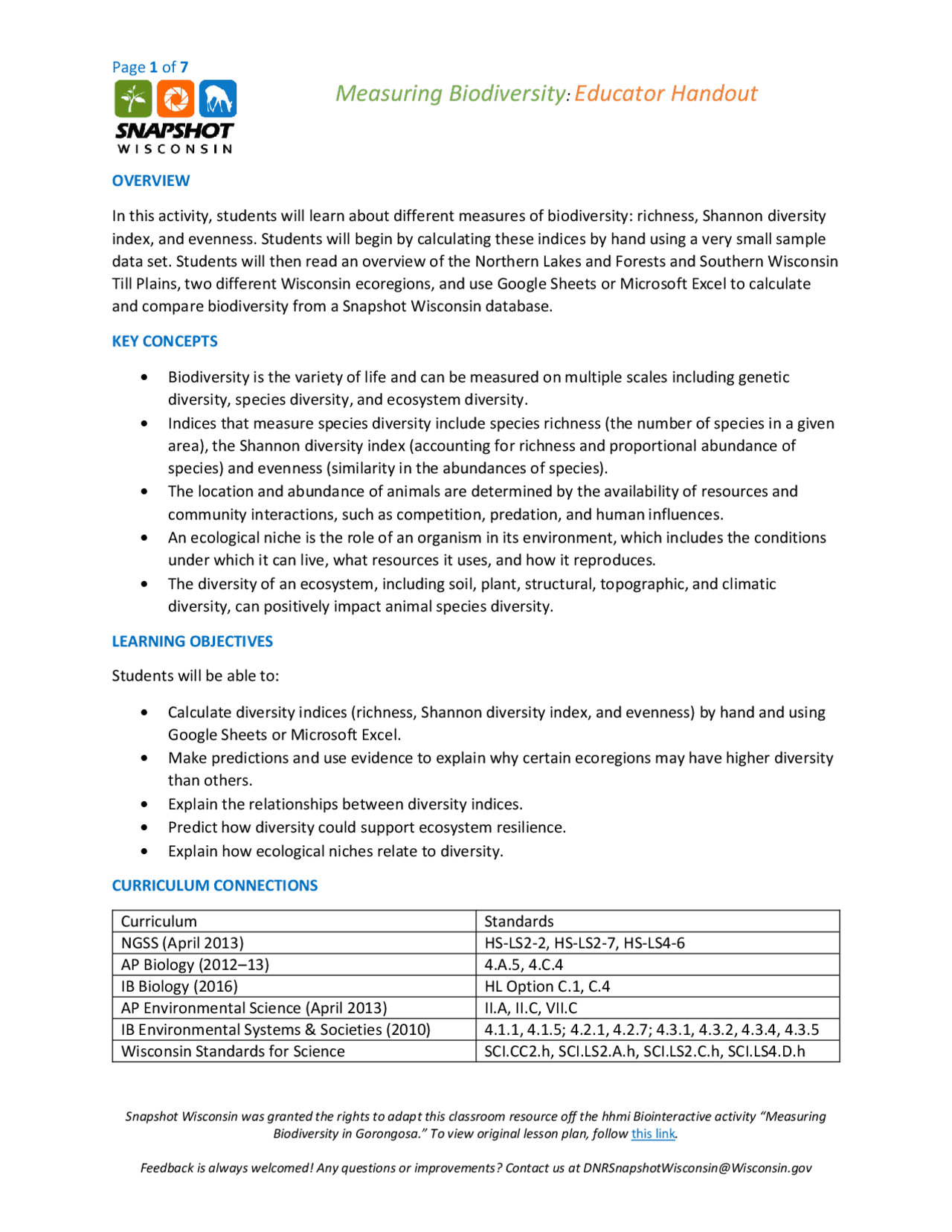 Measuring Biodiversity: Educator Handout | Wisconsin DNR | Schemes and ...