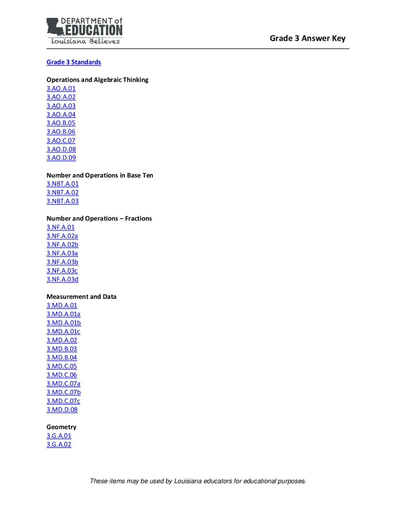 Grade 3 Answer Key | Lecture notes Geometry | Docsity