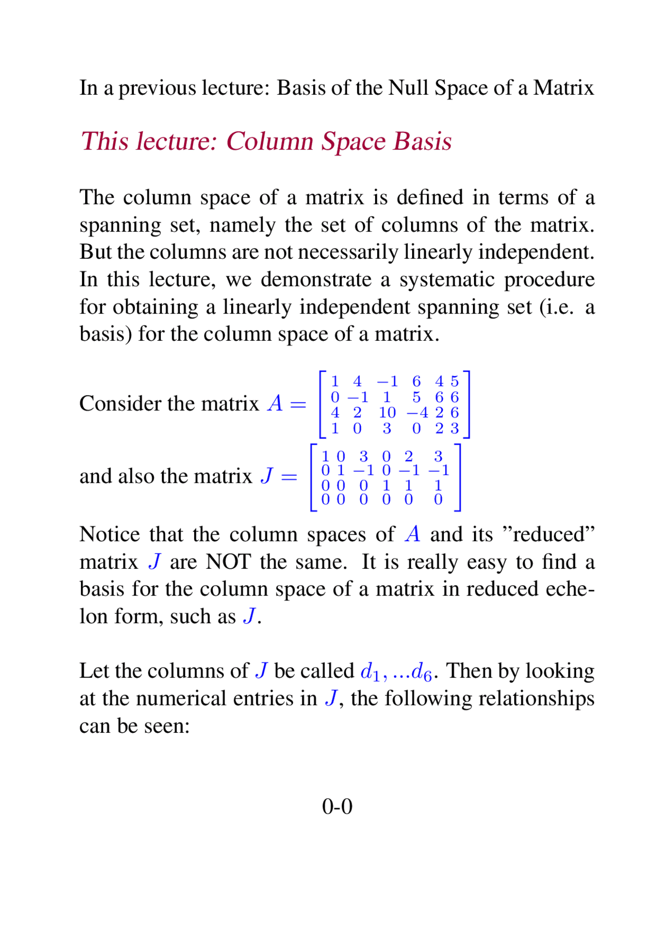 This lecture: Column Space Basis | Schemes and Mind Maps Linear Algebra | Docsity
