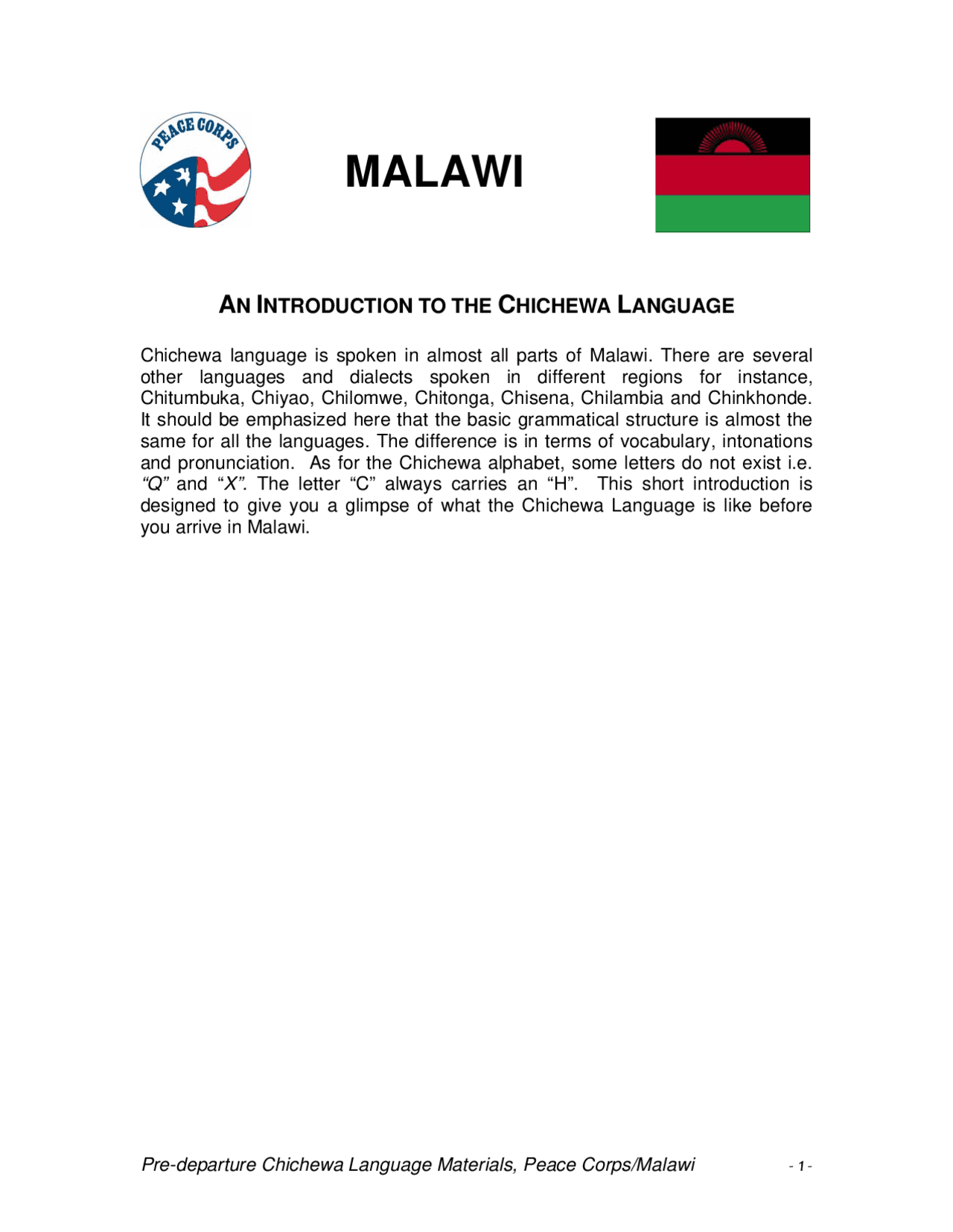 AN INTRODUCTION TO THE CHICHEWA LANGUAGE | Summaries Spanish | Docsity