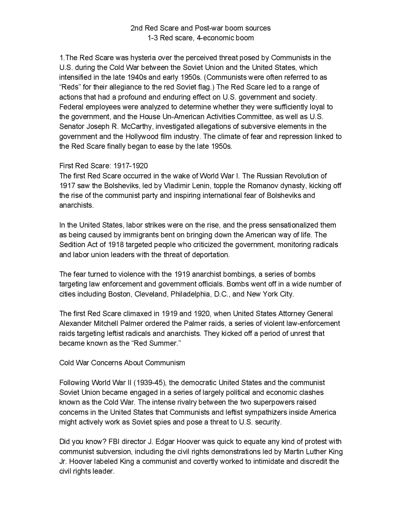 2nd Red Scare and Post-war boom sources | Lecture notes Russian | Docsity