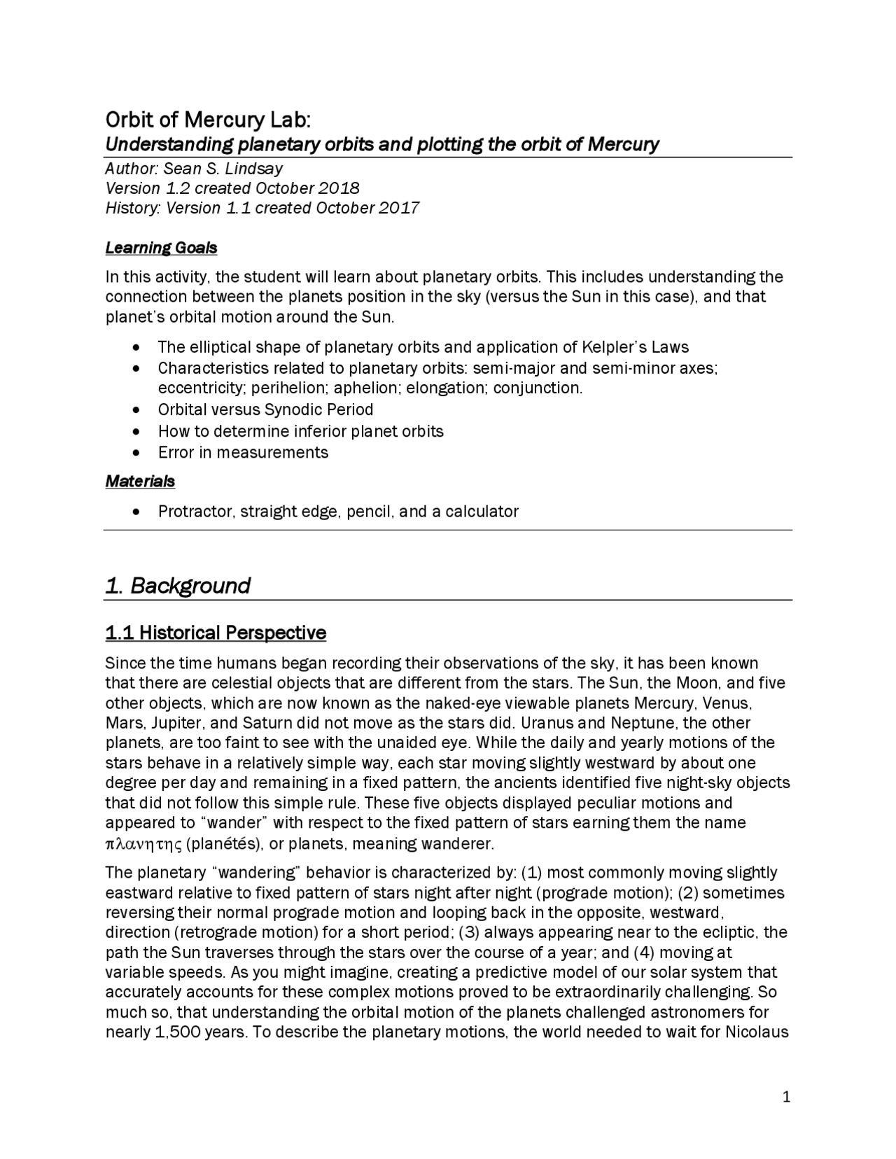 Orbit Of Mercury Lab 1 Background Summaries Physics Docsity