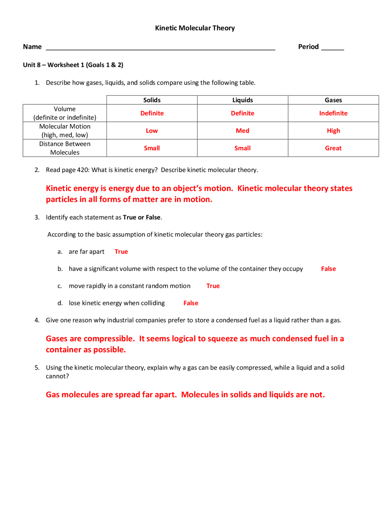 Kinetic Molecular Theory Worksheet