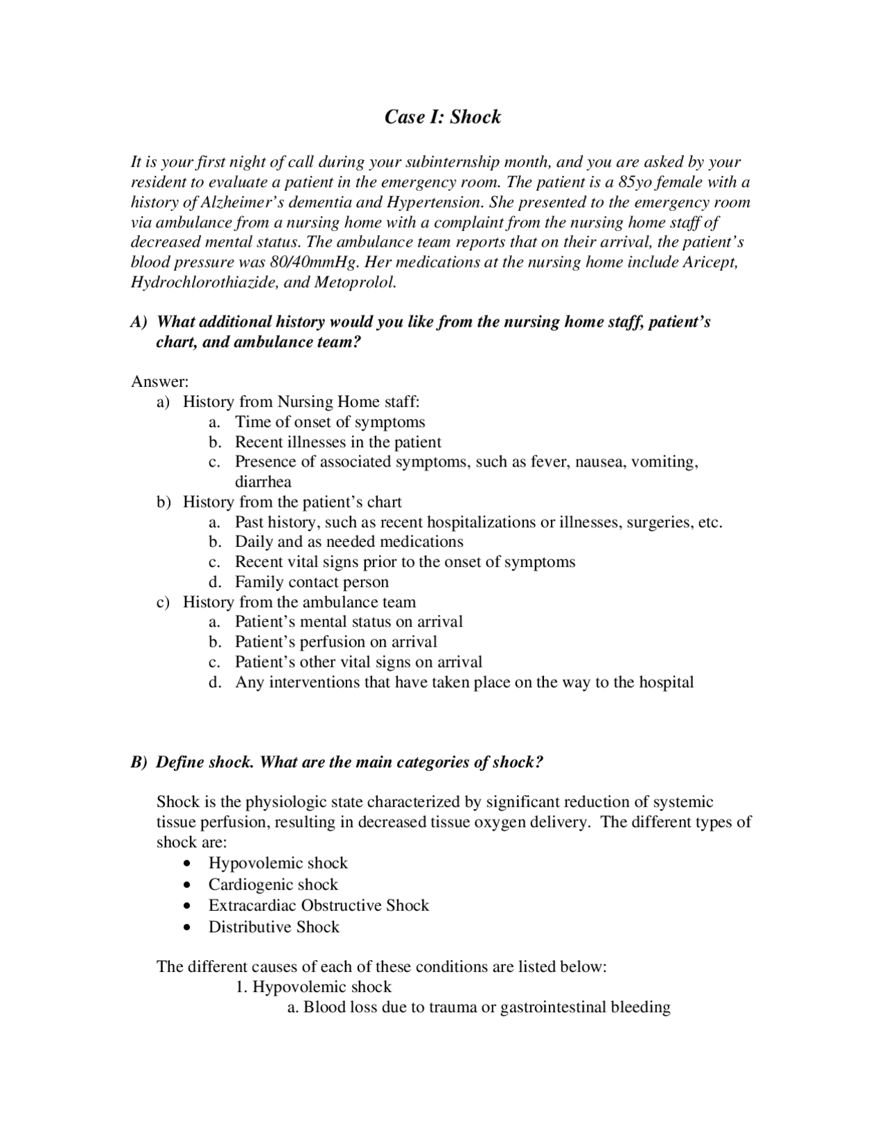 Case I: Shock | Exams History | Docsity