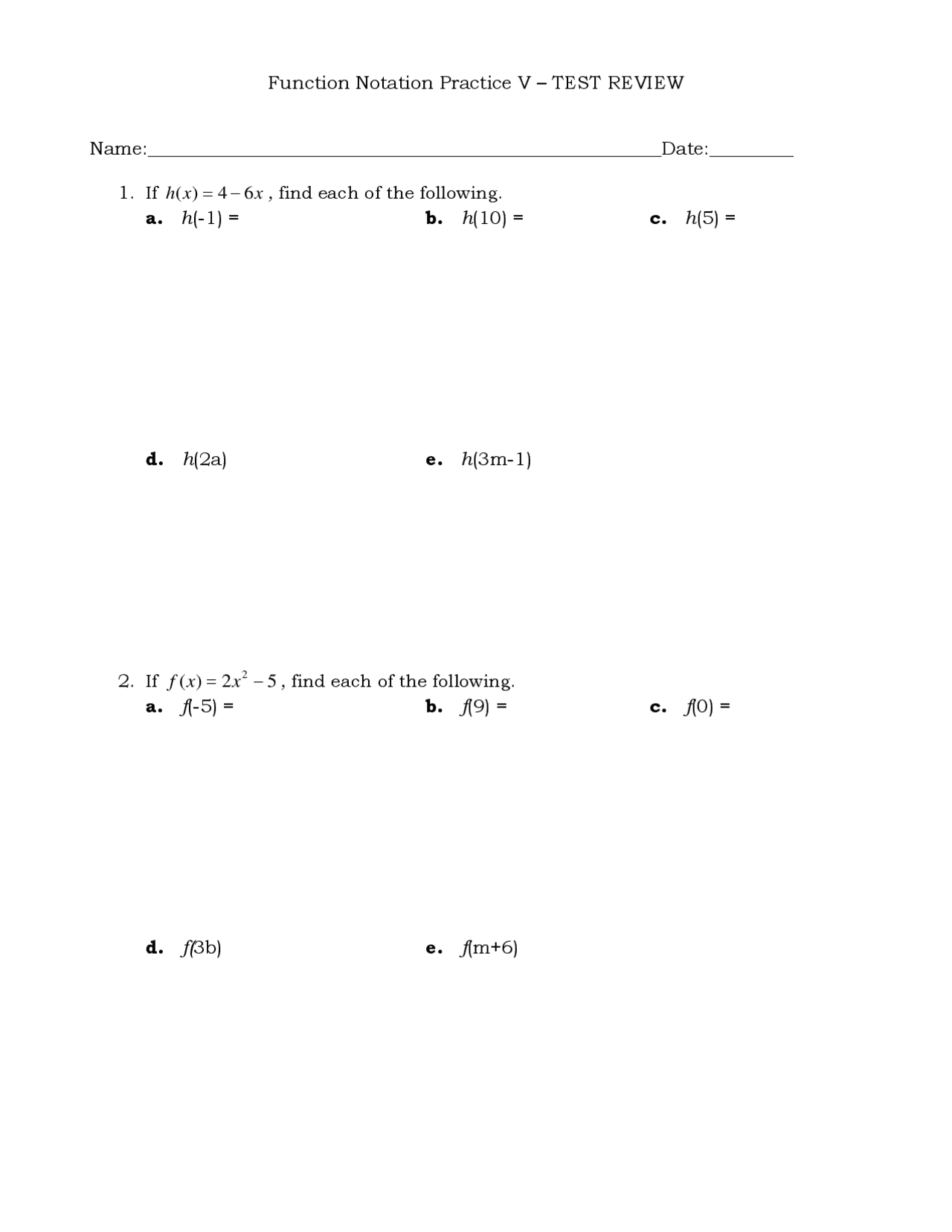 Function notation Worksheet | Exercises Calculus for Engineers | Docsity