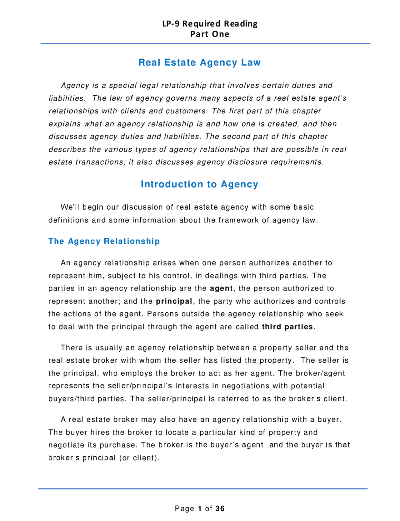 LP-9 Required Reading Part One Real Estate Agency Law ... | Exercises ...