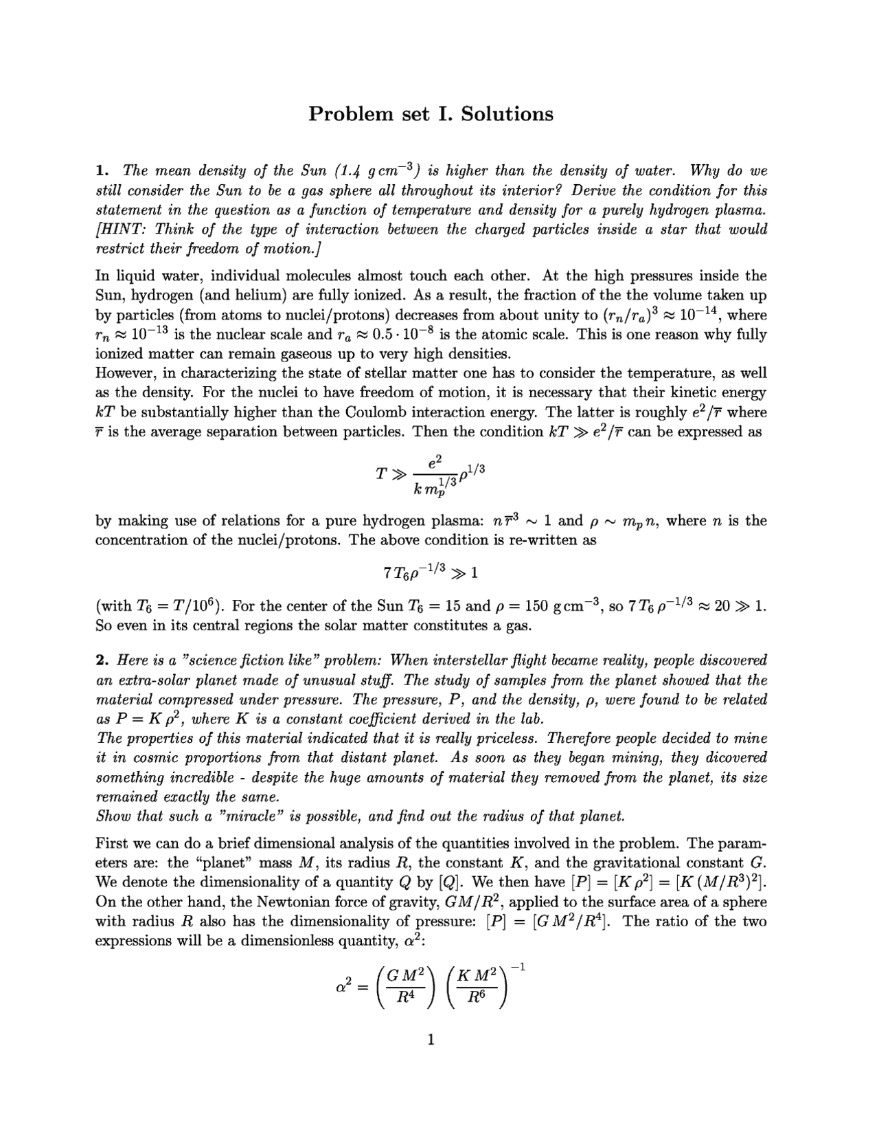 Problem Set I Solutions 1 The Mean Density Of The Sun 14