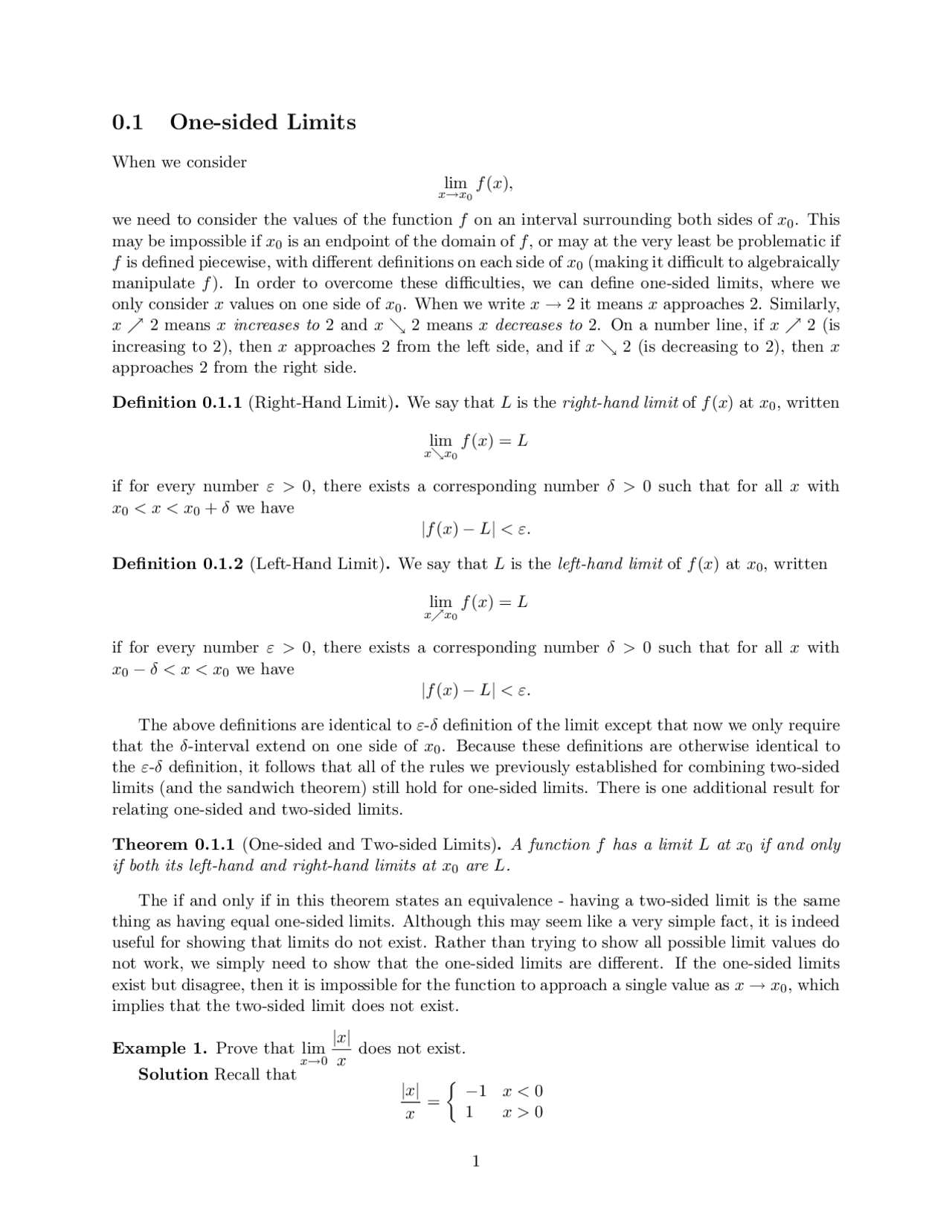 0.1 One-sided Limits | Lecture notes Calculus | Docsity